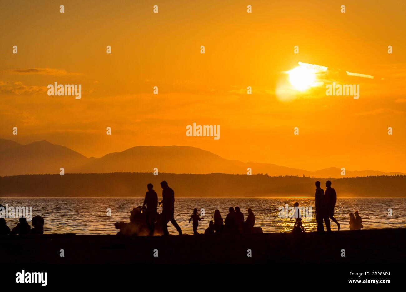 scene view of silhouette people on the beach with sunset,on summer ...