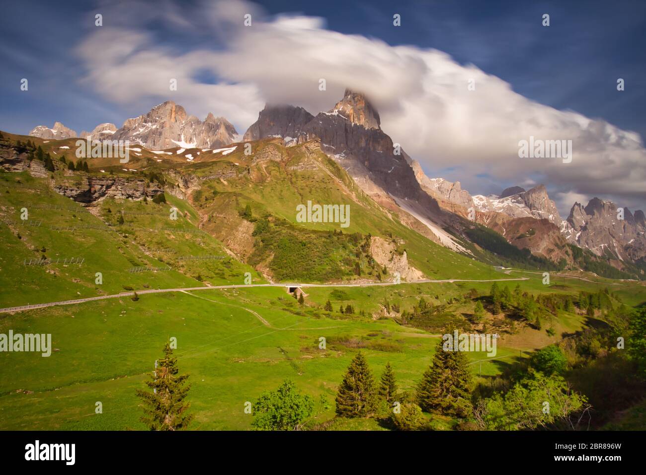 Summer evening Dolomite mountain peak in Passo di Rolle, Italy ...