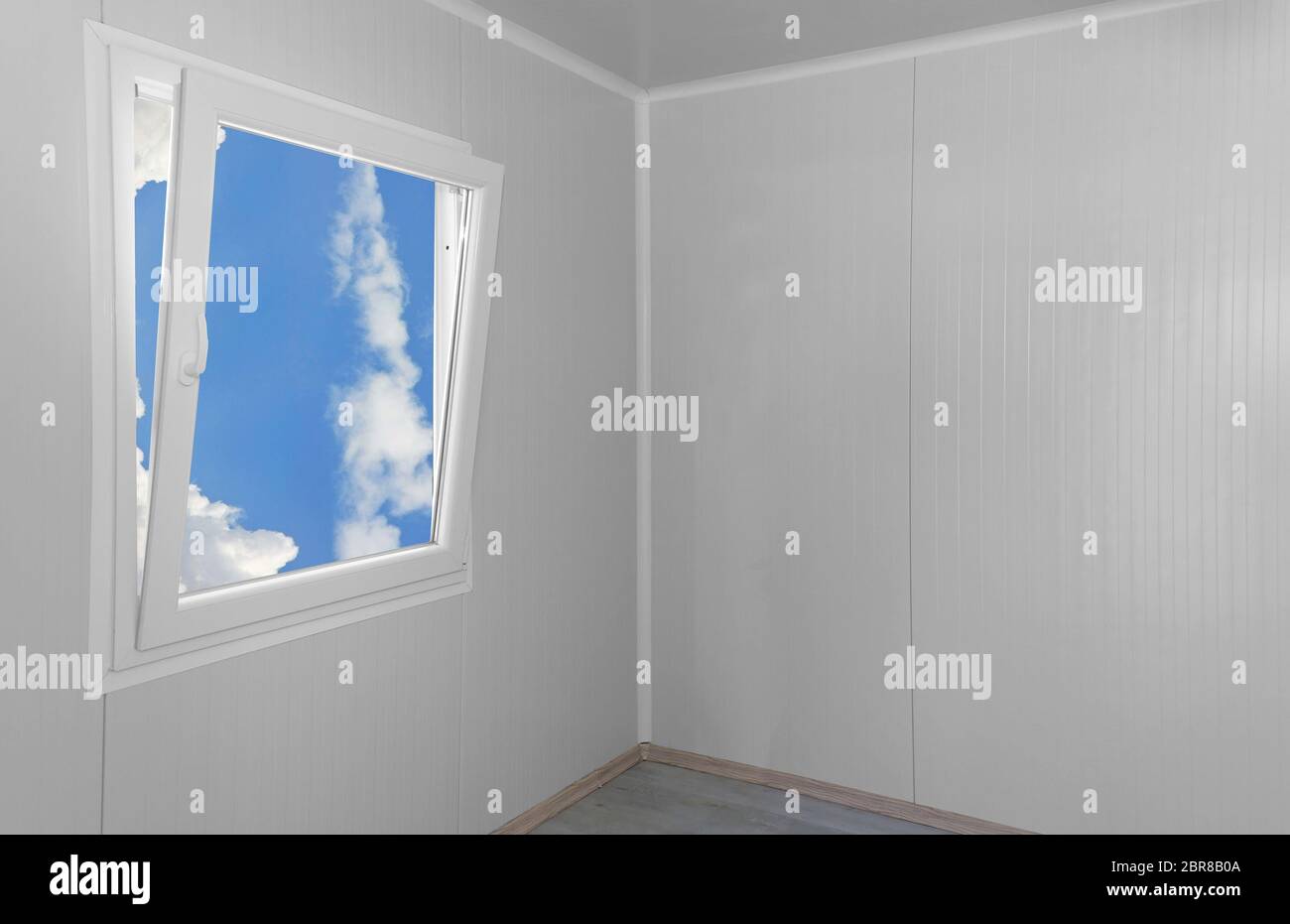 Empty modern interior room with open window shot from inside with view ...