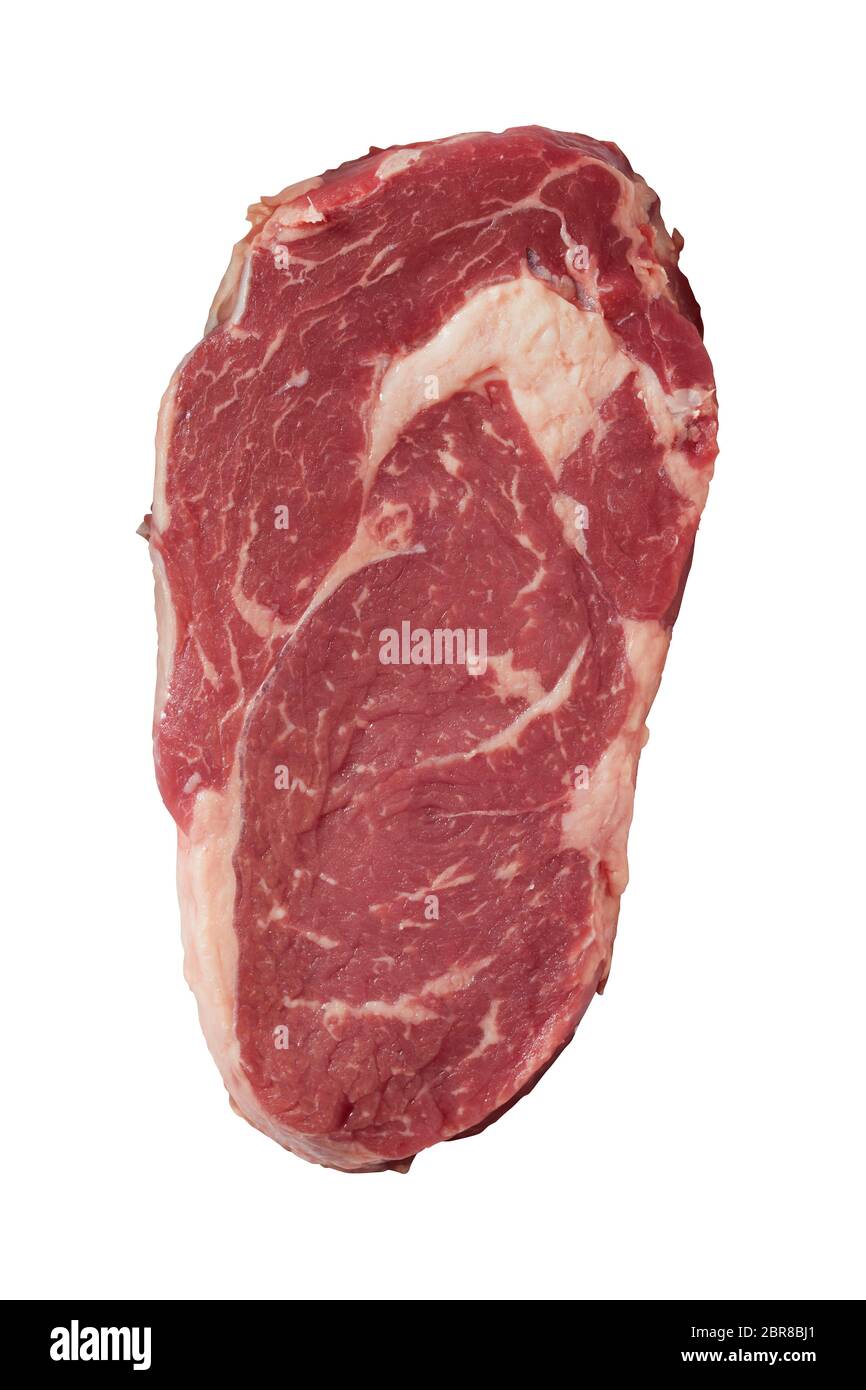 Slice of thick juicy raw beef steak with marbled fat isolated on white ...