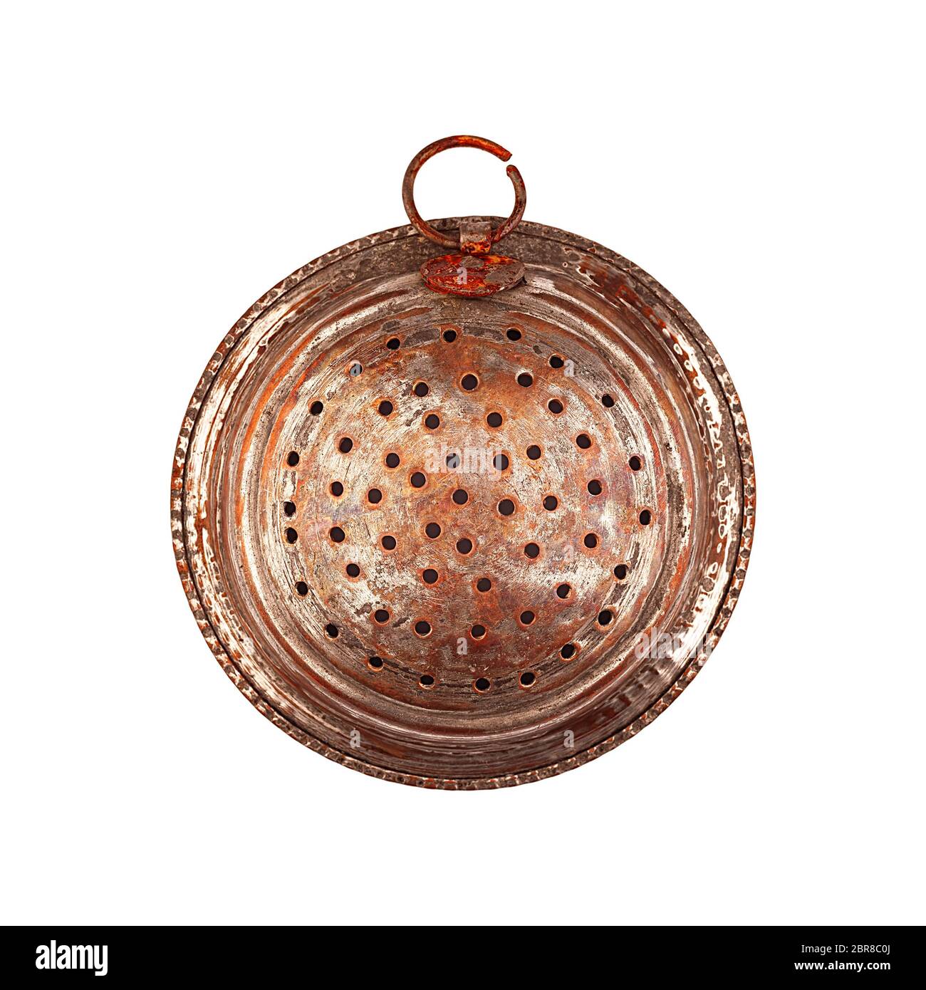 Old copper sieve top view isolated Stock Photo - Alamy