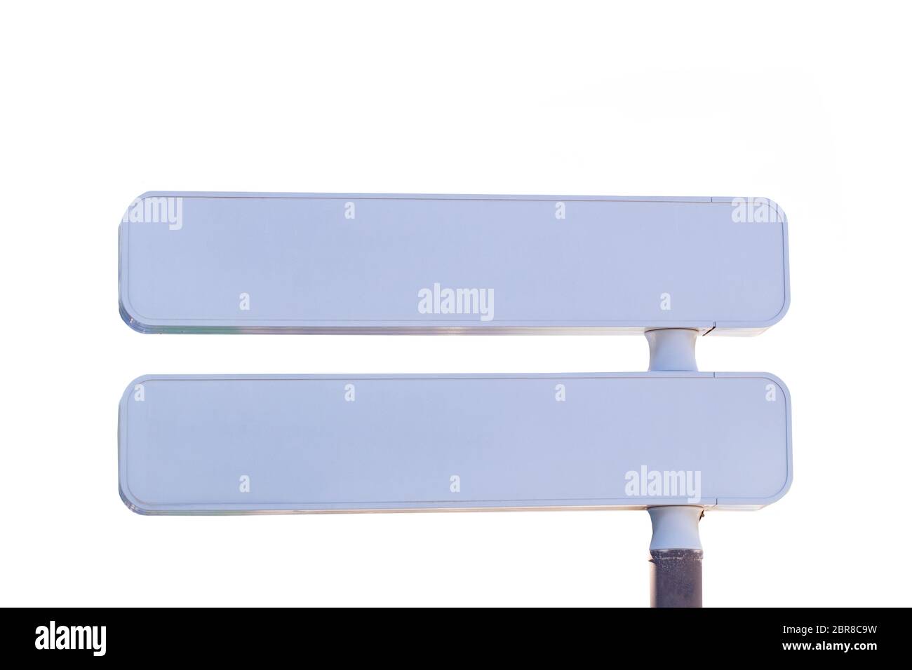 Empty traffic signs. Closeup of two white traffic or road name signs ...