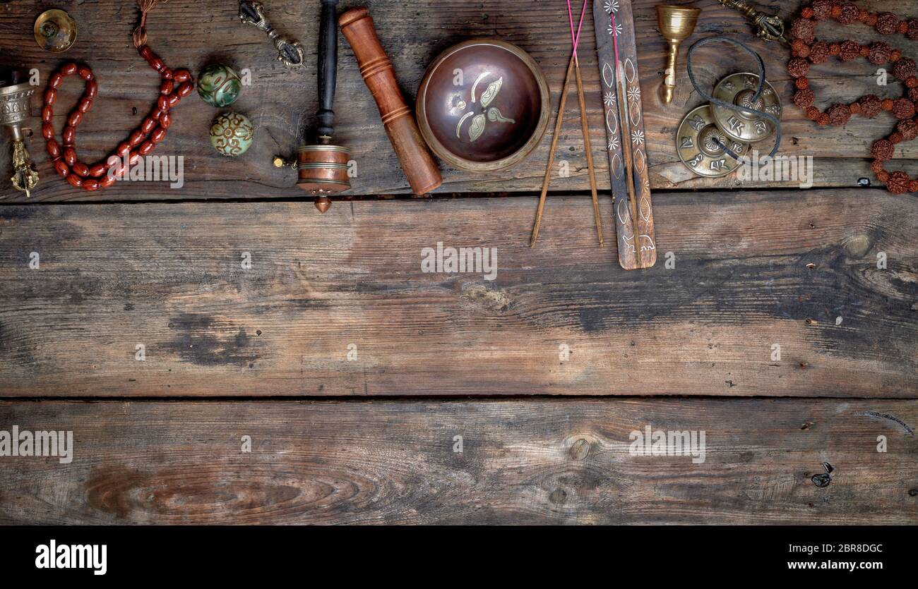 Copper singing bowl, prayer beads, prayer drum and other Tibetan ...