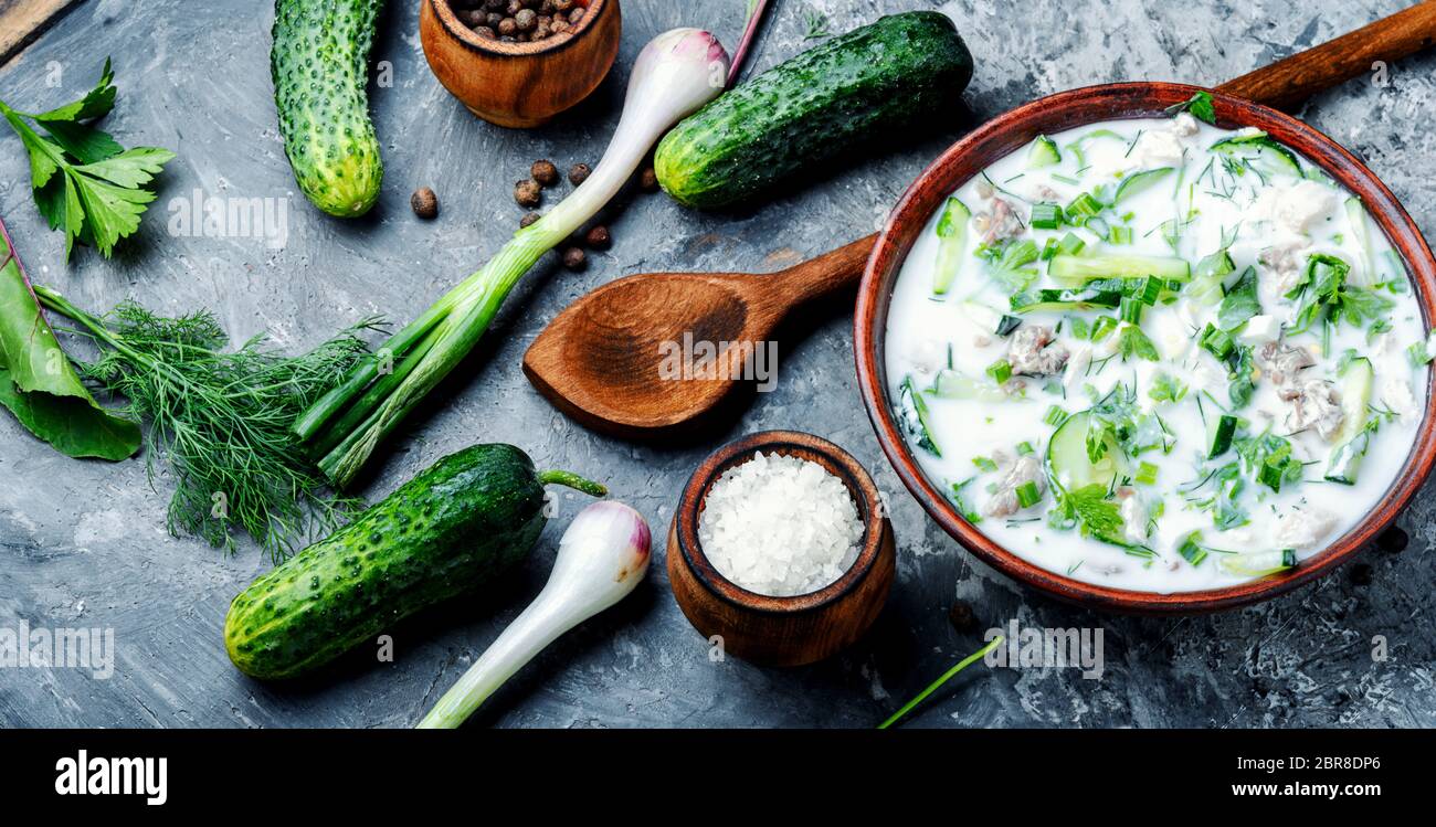 Summer cold soup.Okroshka.Vegetable cold soup.Russian food.Traditional ...