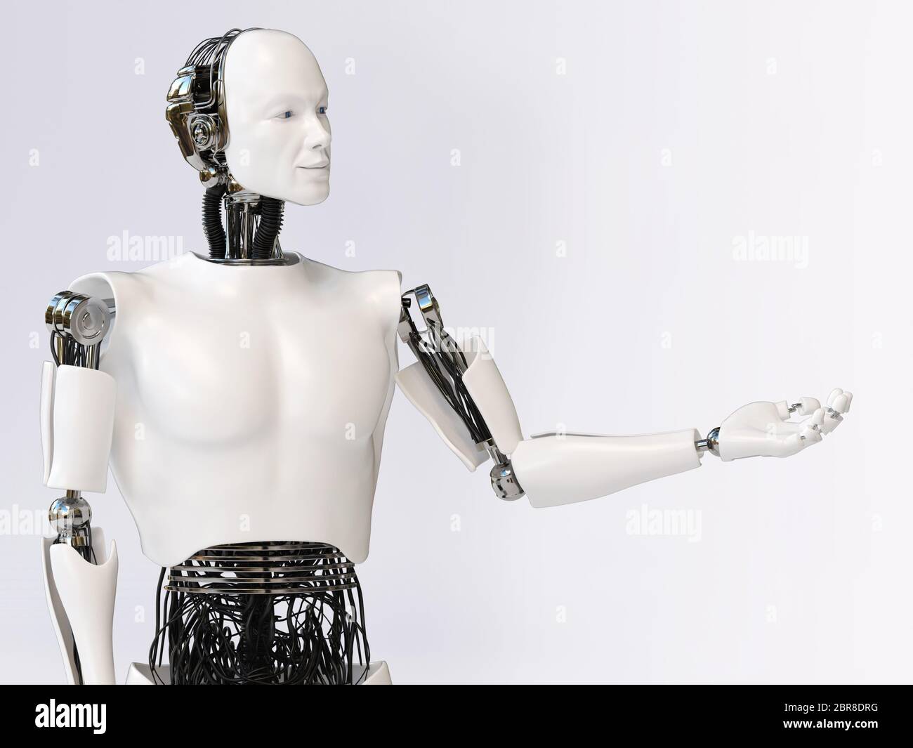 3D rendering of a male robot doing a presentation, holding his arm out ...