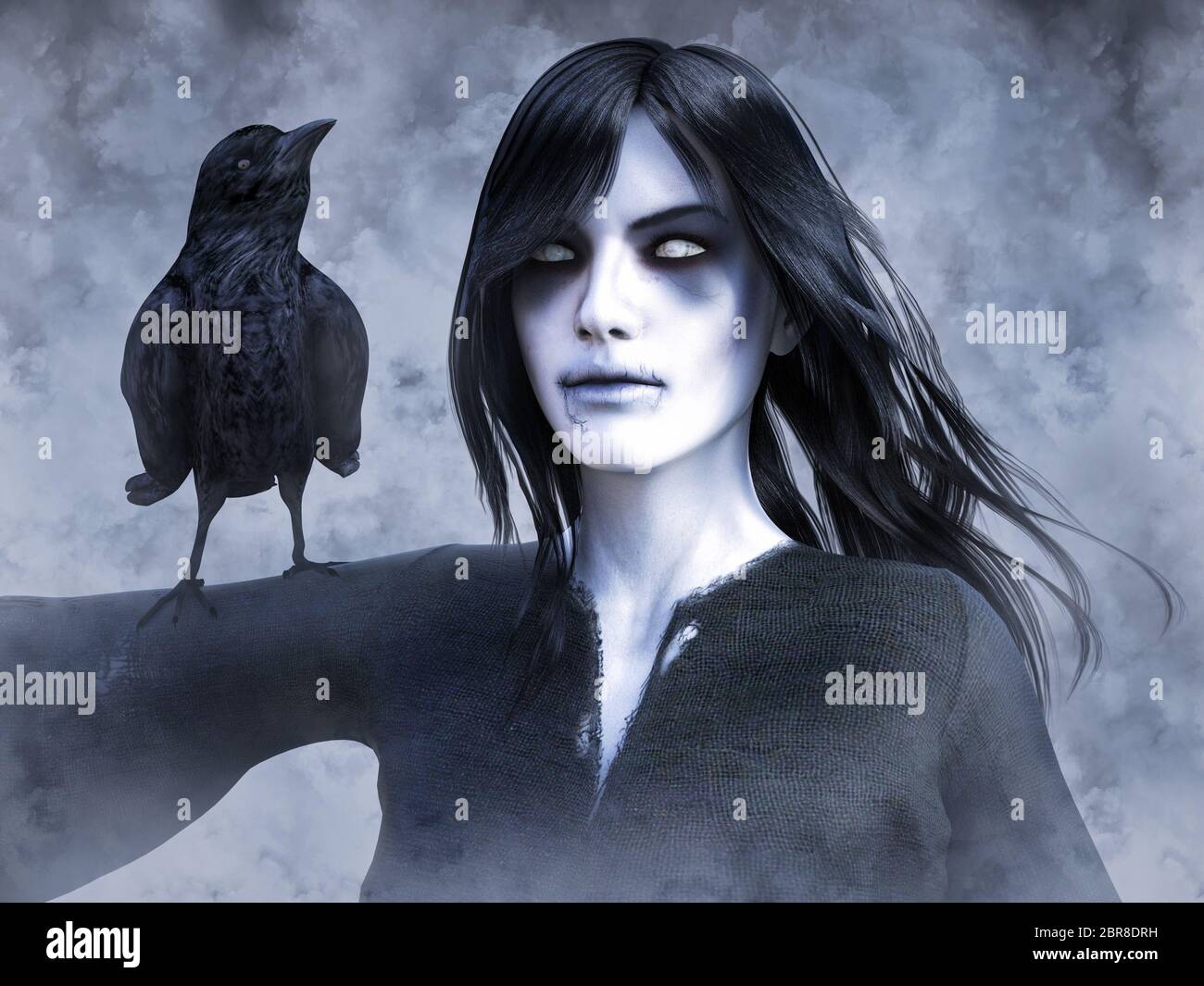 3D rendering of a dead ghost woman wraith with a black crow on her arm ...