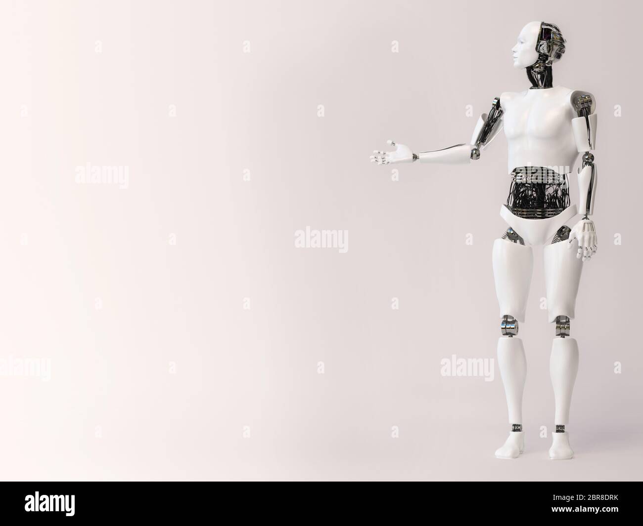 3D rendering of a male robot doing a presentation, holding his arm out ...