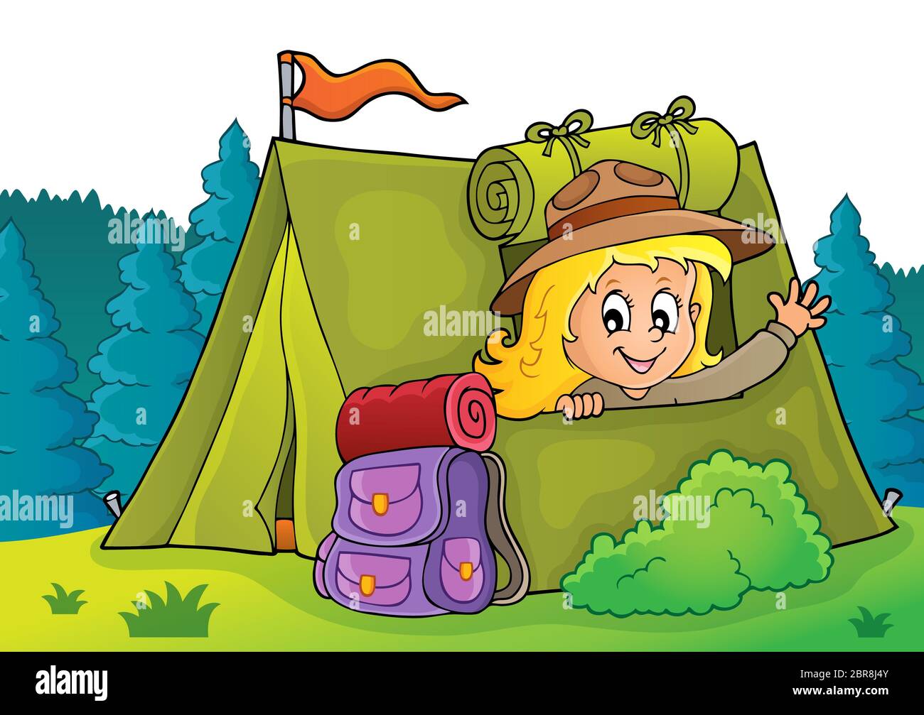 Scout girl in tent theme 2 - picture illustration Stock Photo - Alamy