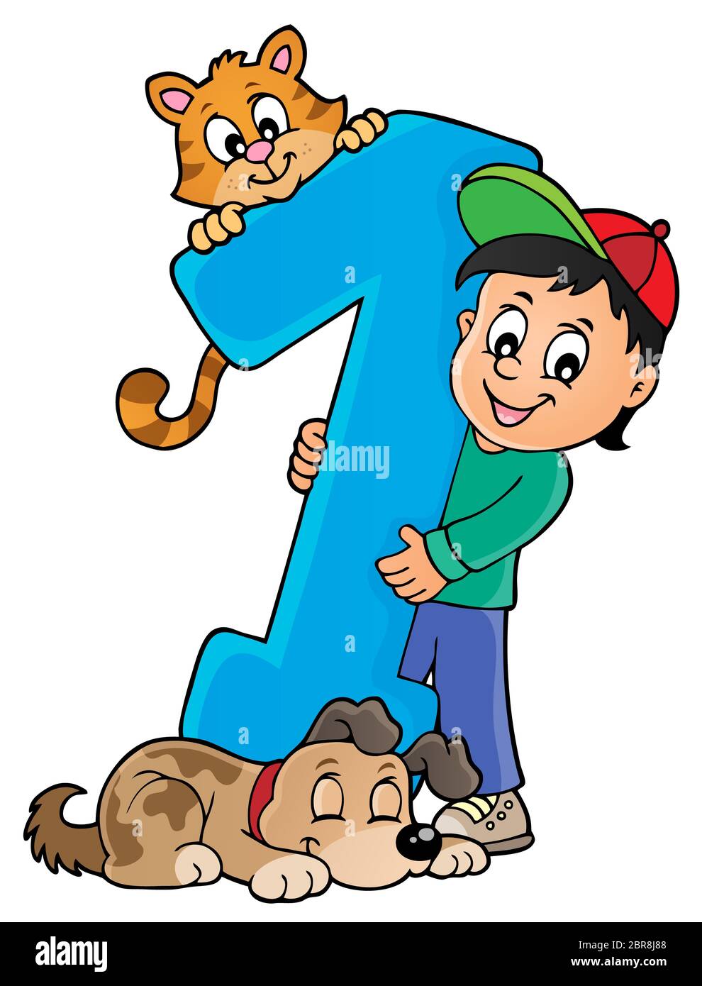Boy and pets with number one - picture illustration Stock Photo - Alamy