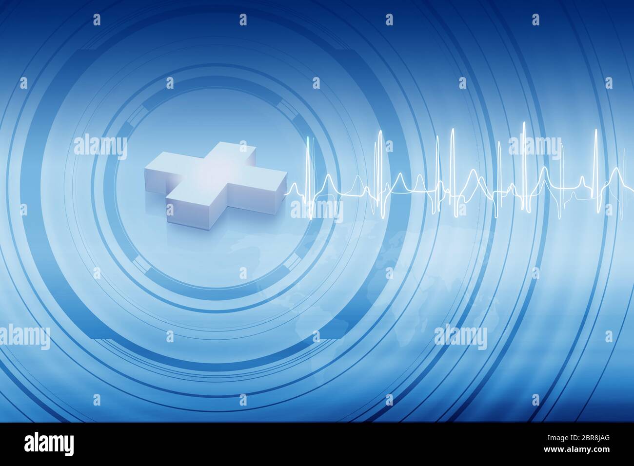 3d plus sign in expanding circles around it with health rate line ...