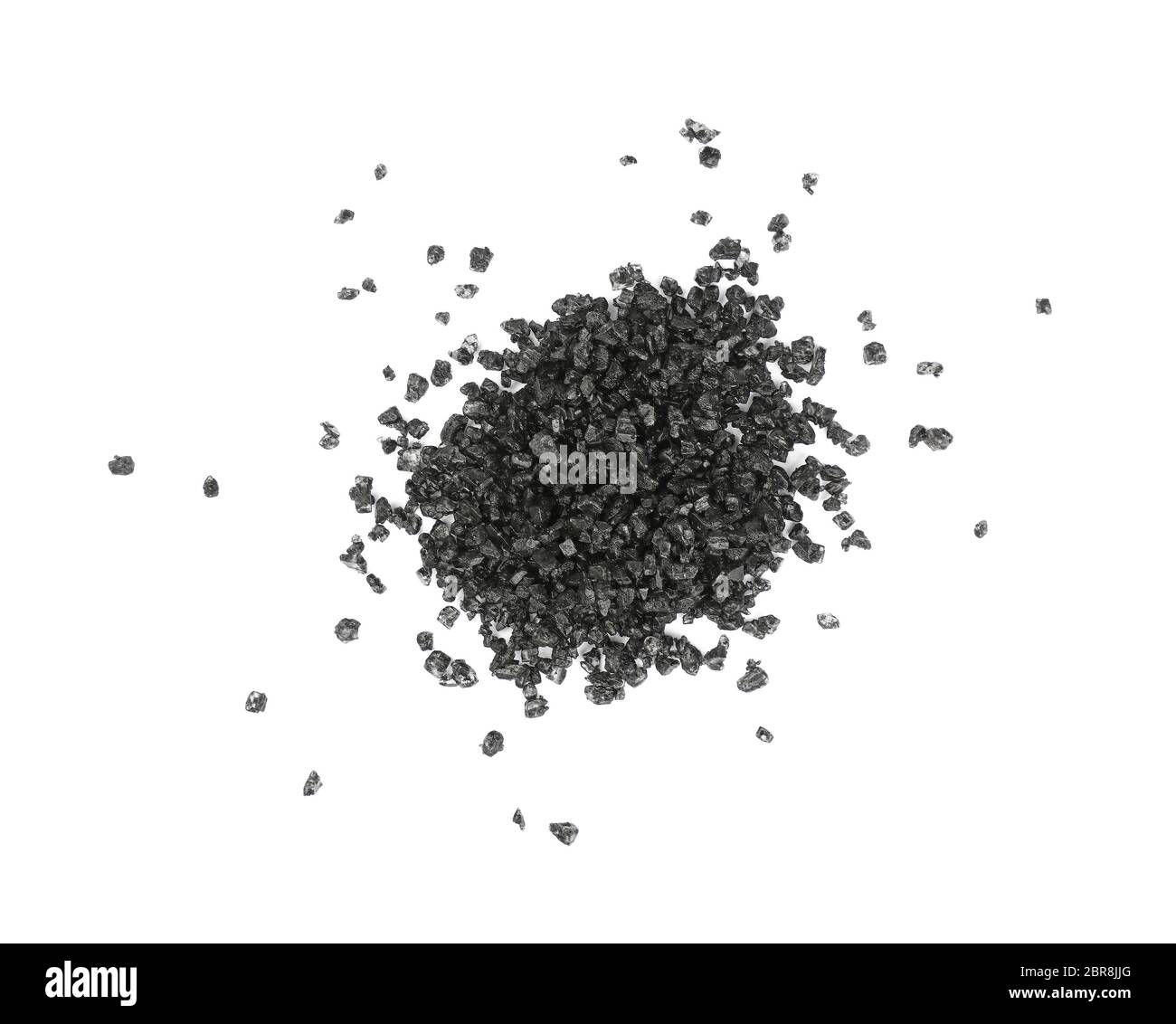 Close up one portion, heap of crystals black volcanic Hawaiian salt ...