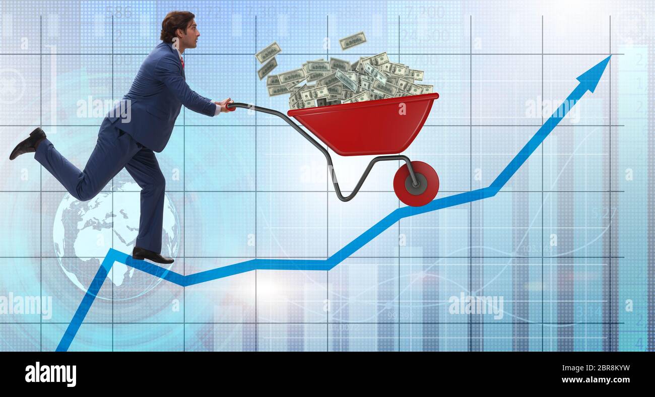 The businessman pushing wheelbarrow full of dollar money Stock Photo ...