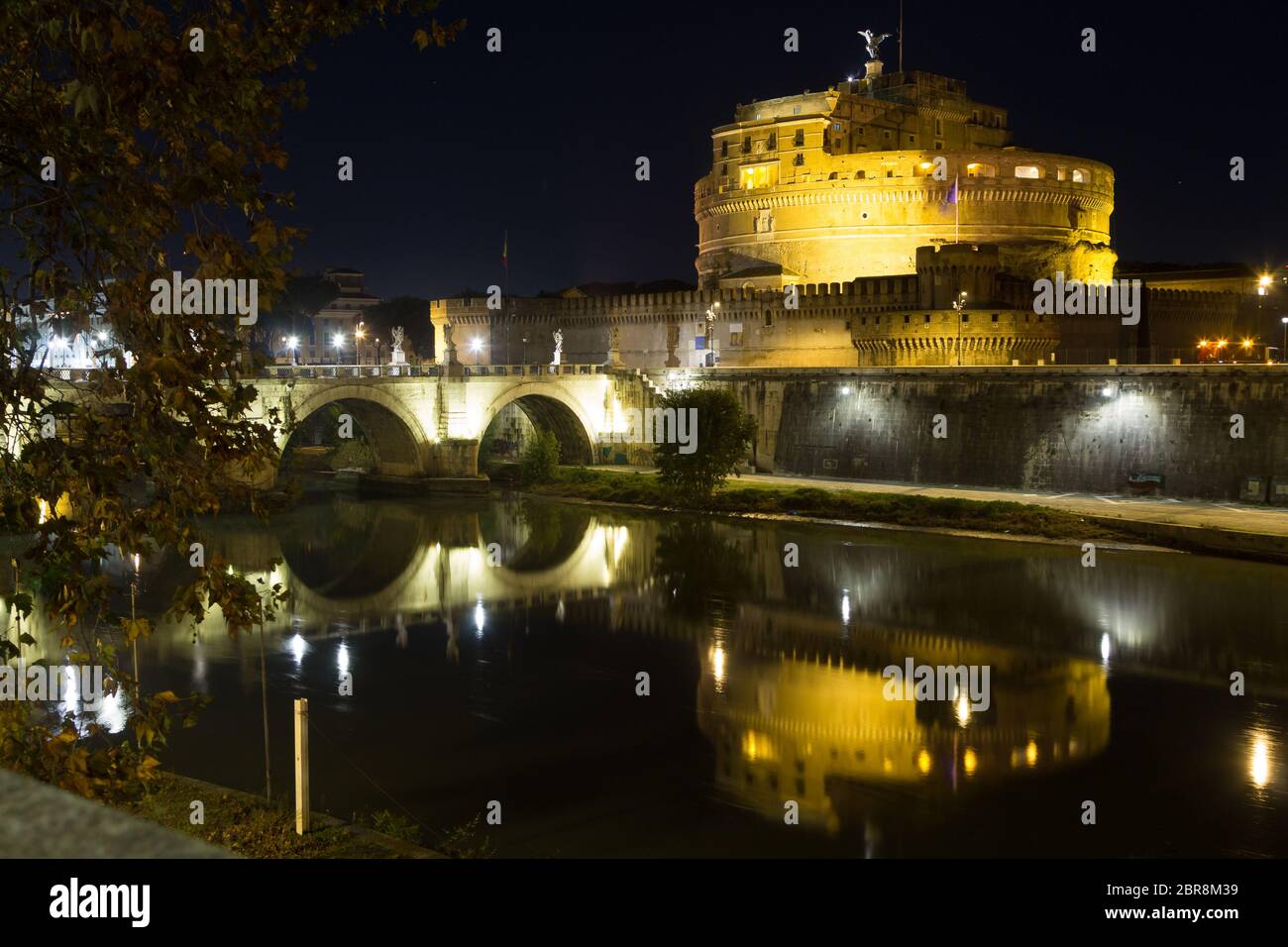 Night scene of Rome, Tevere river and Mausoleum of Hadrian. Italian ...