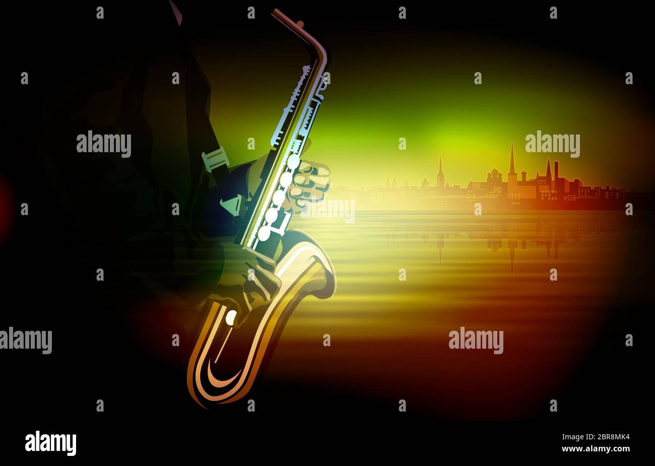 abstract green brown illustration with saxophone player on cityscape ...