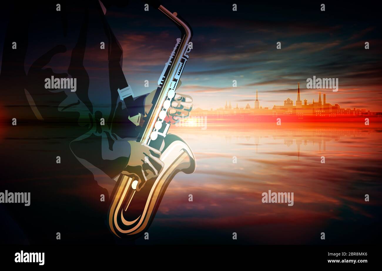 abstract red blue illustration with saxophone player on cityscape ...