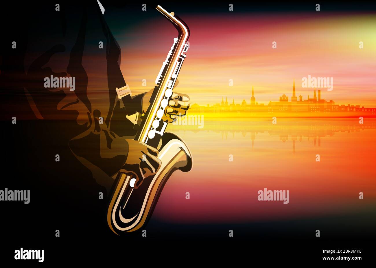 abstract orange illustration with saxophone player on cityscape ...