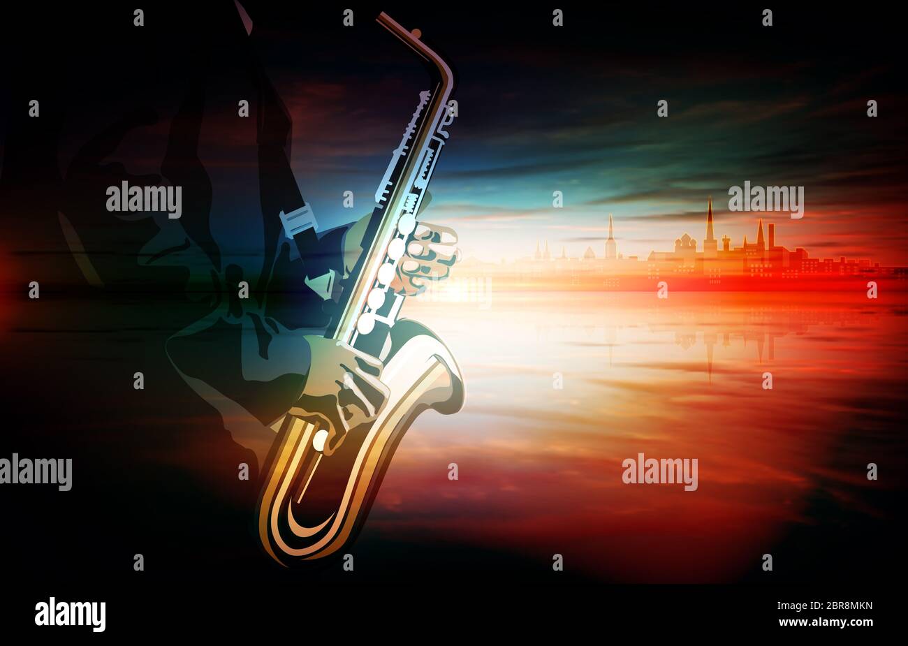 abstract red illustration with saxophone player on cityscape background ...