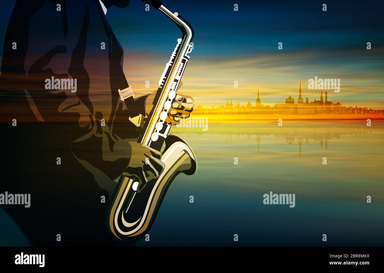 abstract blue illustration with saxophone player on cityscape ...
