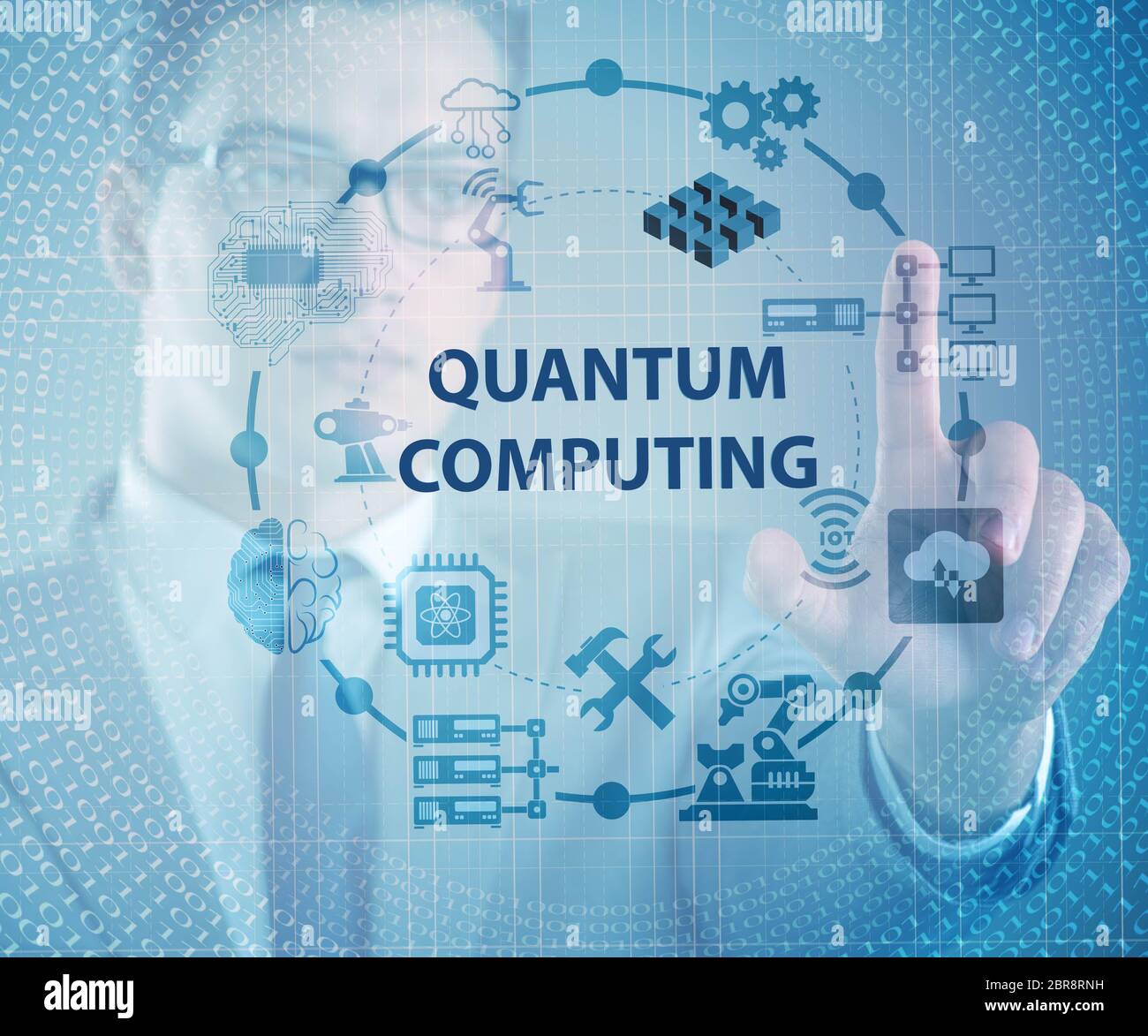 The businessman pressing virtual button in quantum computing concept ...