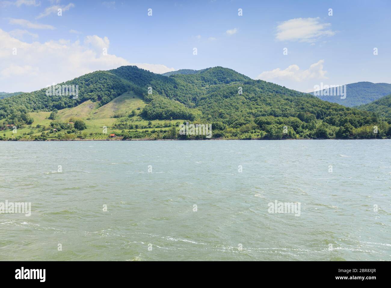Danube river nature landscape with hills and green forest in the ...