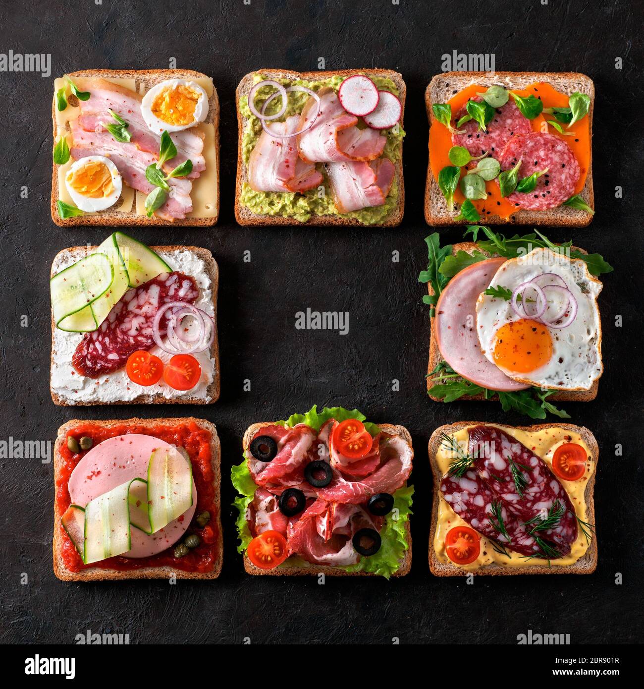 Set of eight different sandwiches with meat in square shape, copy space ...