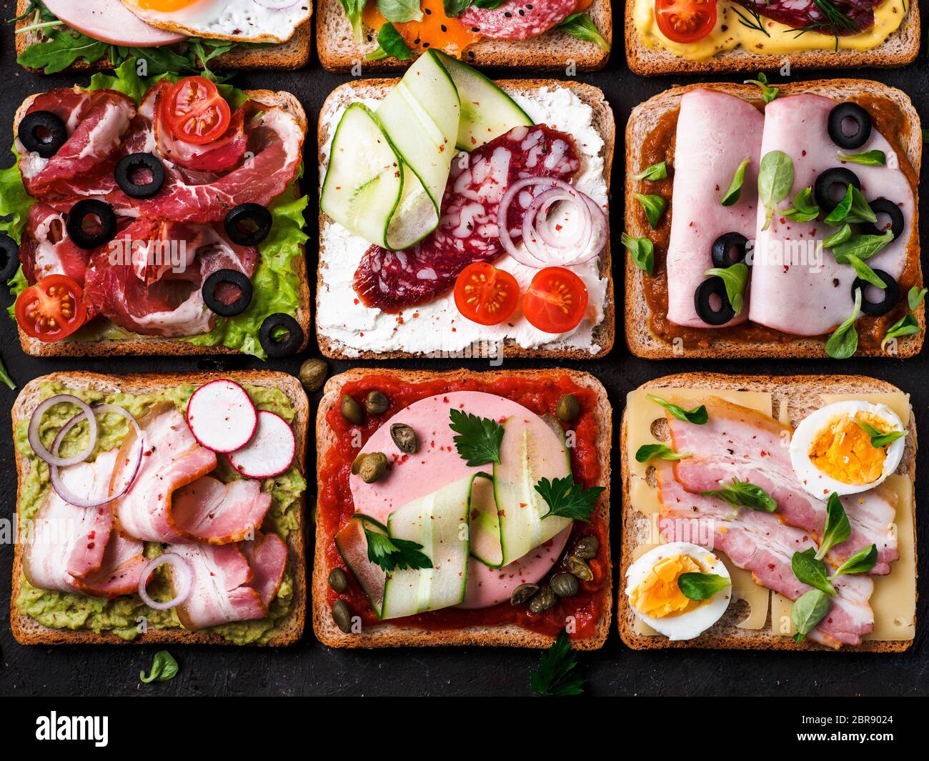 Set of eight different sandwiches with meat in square shape. Top view ...