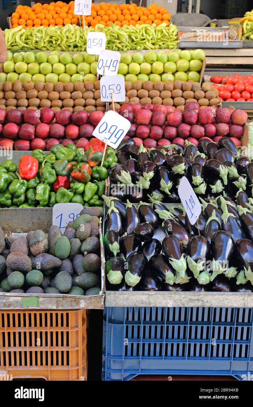 Nicely Stacked Fruits and Vegetables at Farmers Market Stall Stock ...