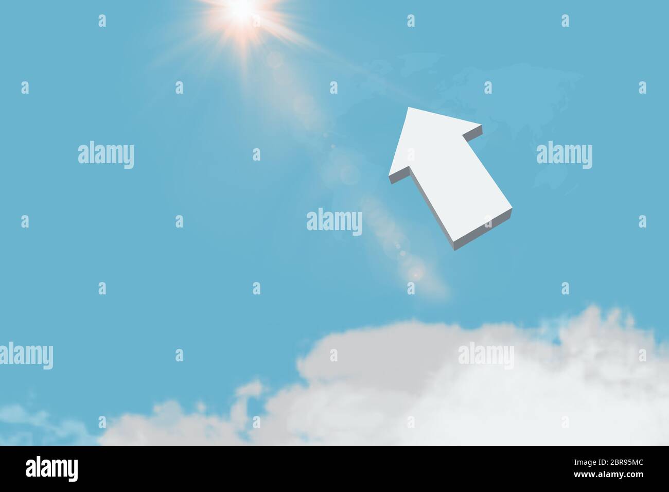 3d arrow in blue sky upper clouds, with sun flare. success concept ...