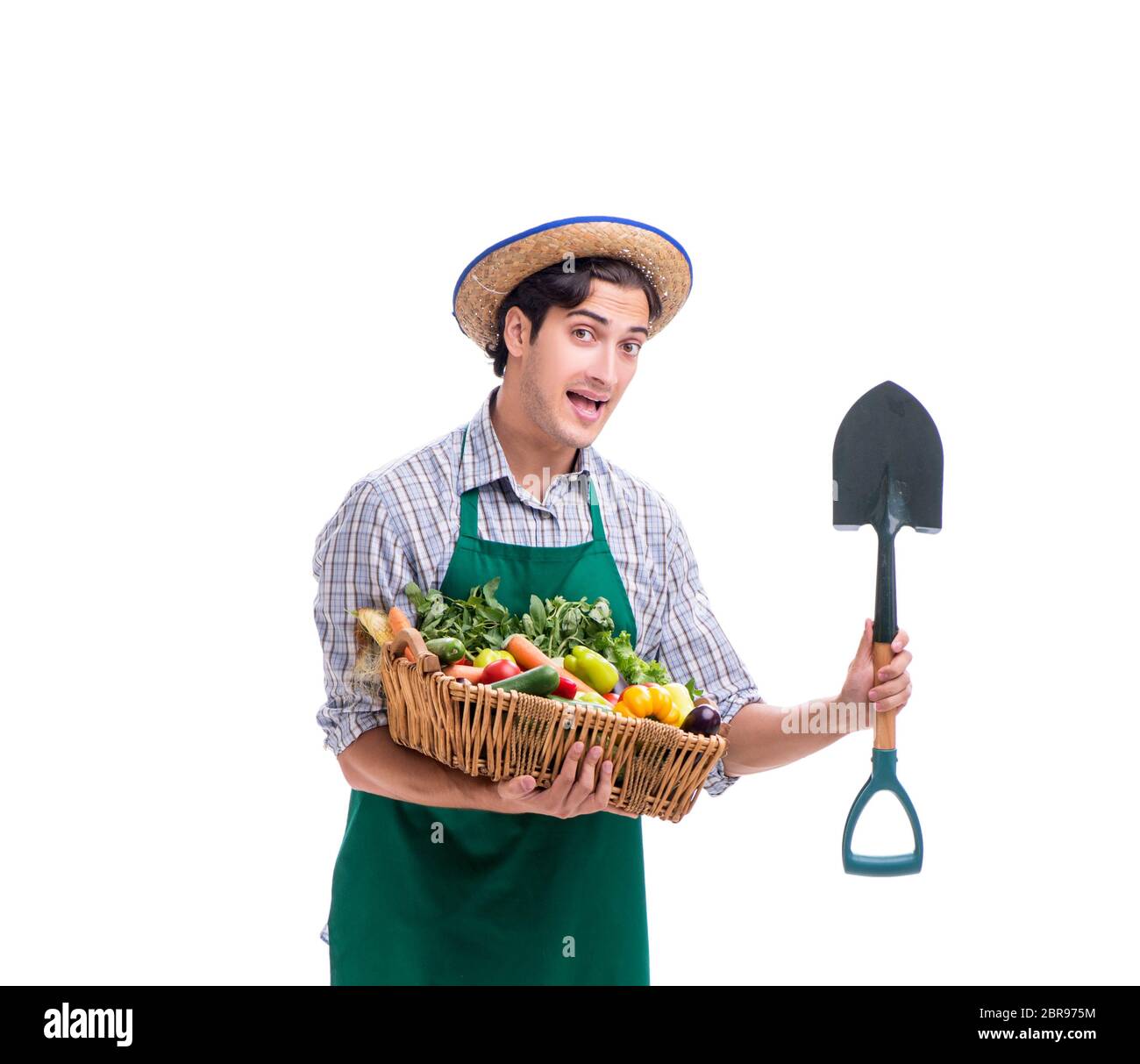 The young farmer with fresh produce isolated on white background Stock ...
