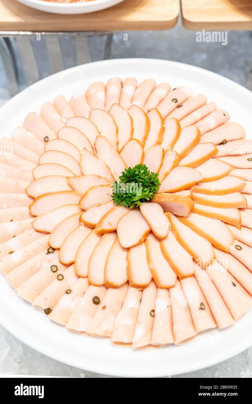 Variety of Cold cut, Chicken and pork, for salad station in buffet line ...