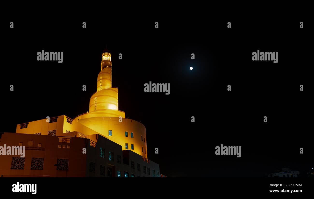 Doha,Qatar- 3 March 2020: Background image of Fanar minaret with the ...
