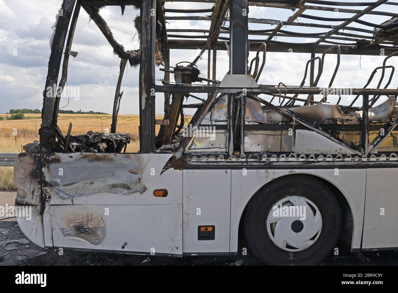 Burned Coach Bus Vehicle at Highway Accident Stock Photo - Alamy
