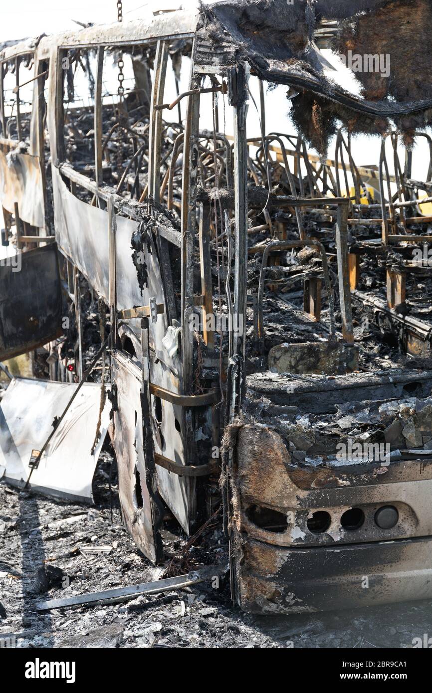 Burned Coach Bus Vehicle at Highway Accident Stock Photo - Alamy