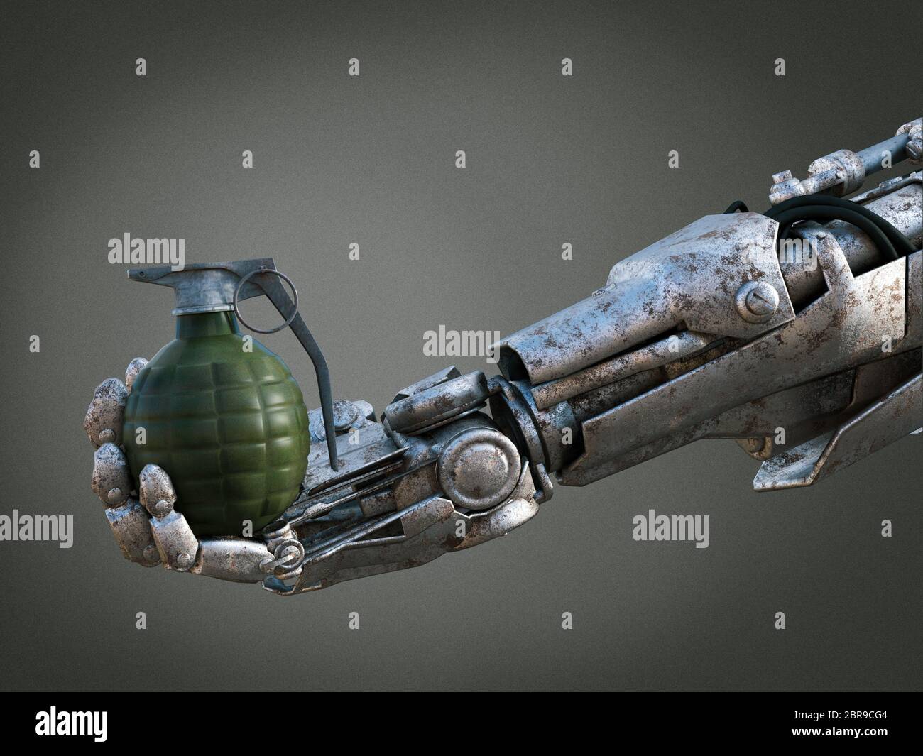 3D rendering of a futuristic robot soldier hand holding a grenade ...