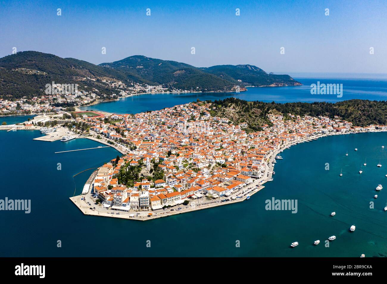 Top aerial view of the Poros island Sea harbor, Aegean sea, Greece ...