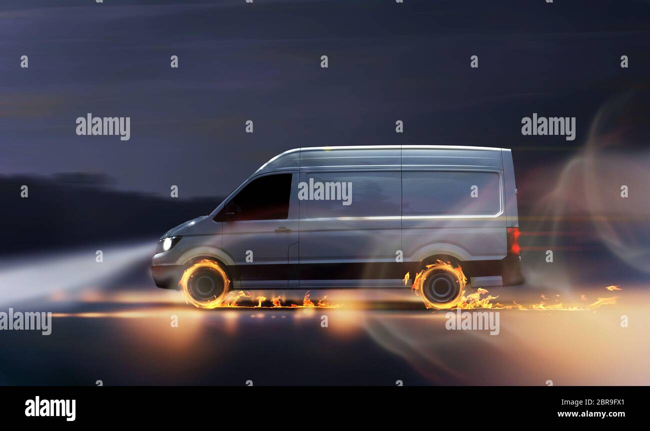 Fast delivery van with flames, concept for a fast delivery Stock Photo ...