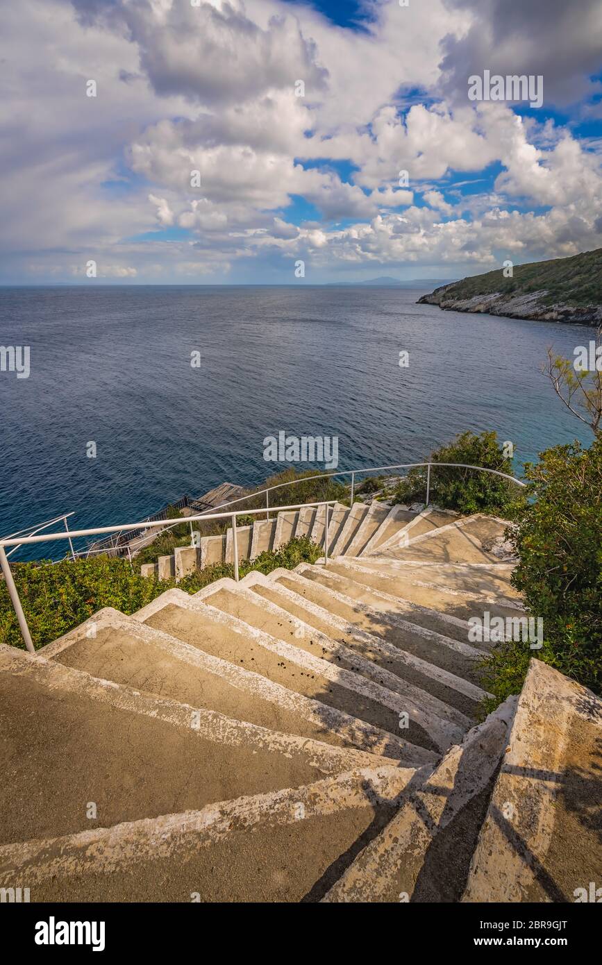 Stairs to the sea on the Cliffs near Skinari Cape in summer on Zante ...