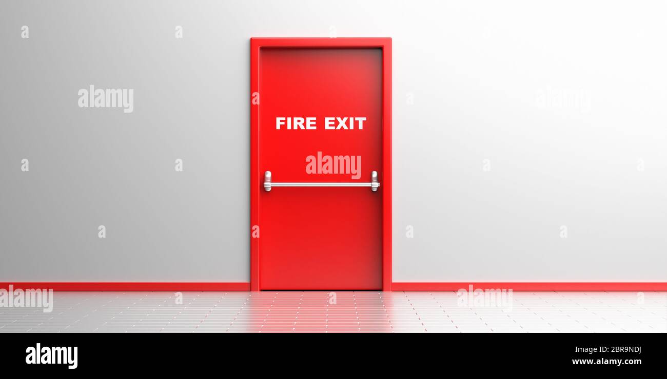 Fire exit, emergency exit door. Red color metal door with panic bar and ...