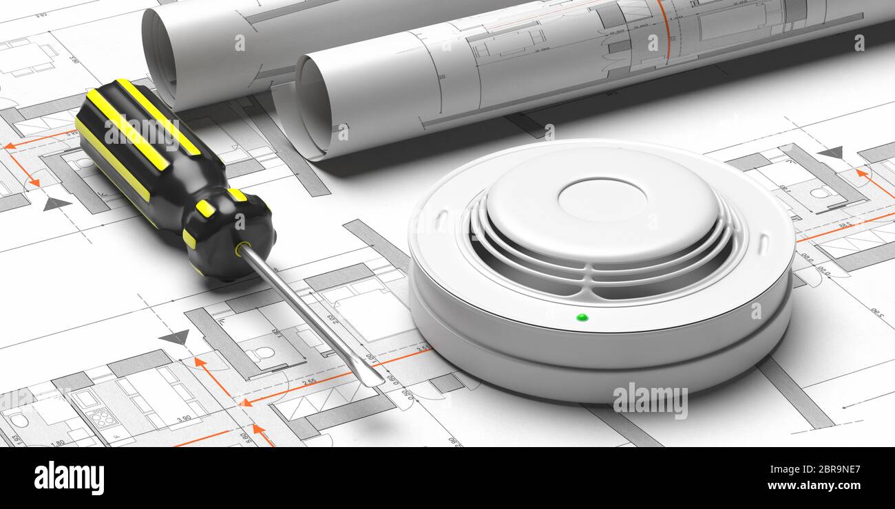 Fire safety system construction. Smoke detector on blueprint drawing ...