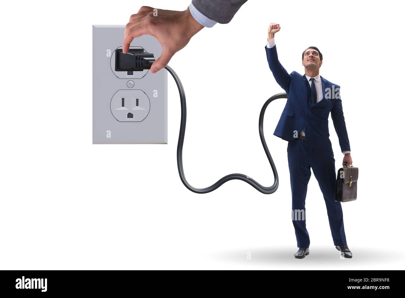 The businessman being powered by electricity and plug Stock Photo - Alamy