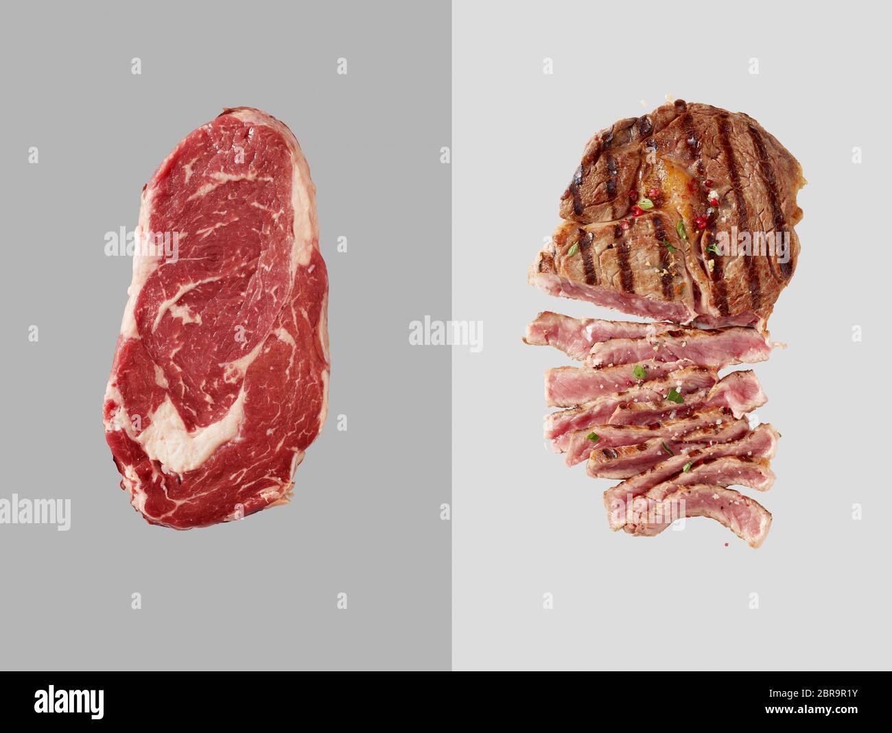 Chunk of uncooked beef over grey backdrop next to cooked beef with ...