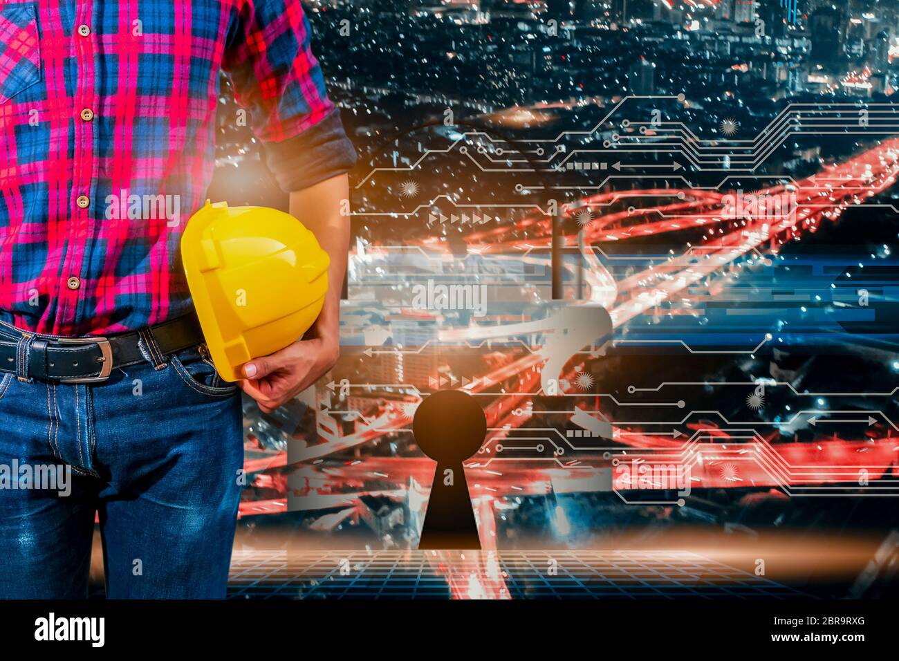 Double exposure of Engineer with safety helmet and digital circuit line ...