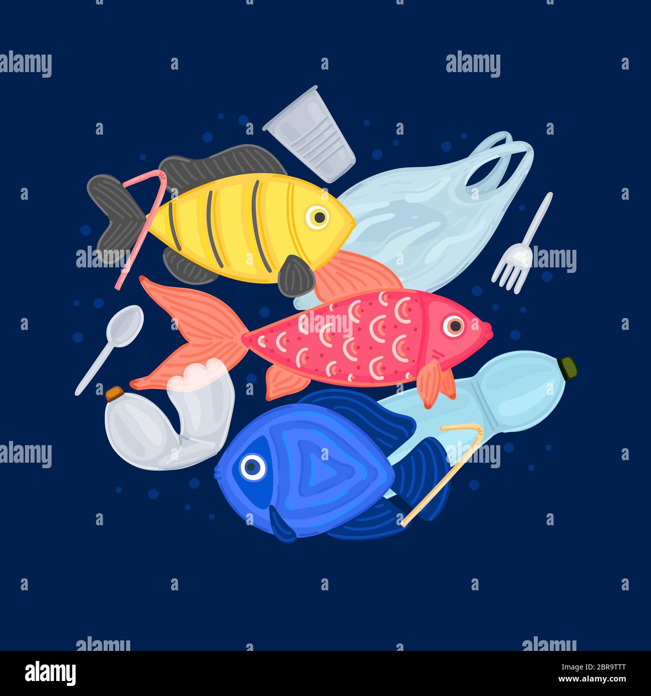 Stop ocean plastic pollution. The fish swims among the garbage. Marine ...