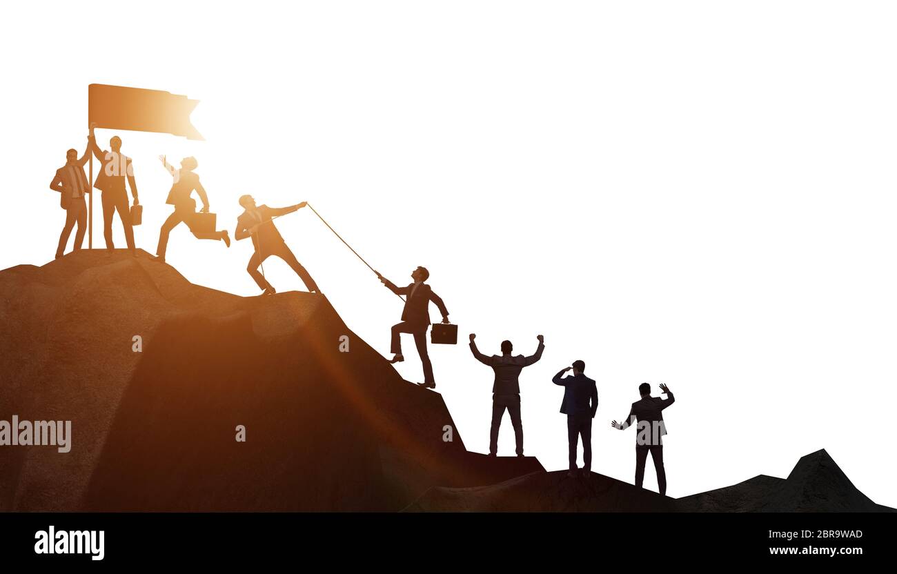 Concept of teamwork with team climbing mountain Stock Photo - Alamy