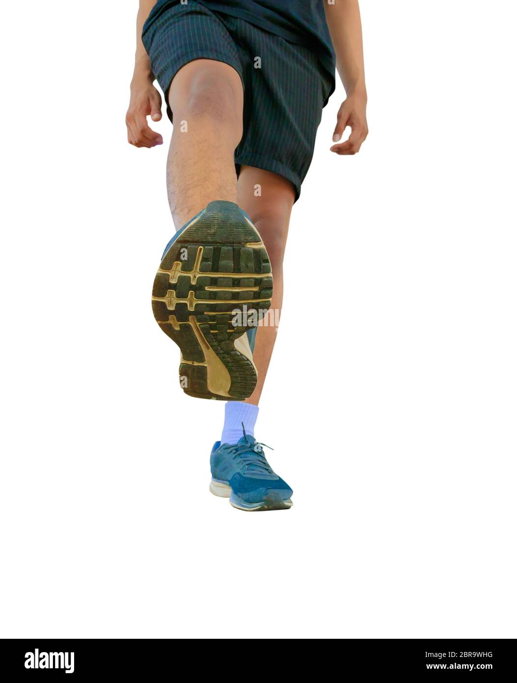 running feet male view from below in runner jogging exercise with old ...