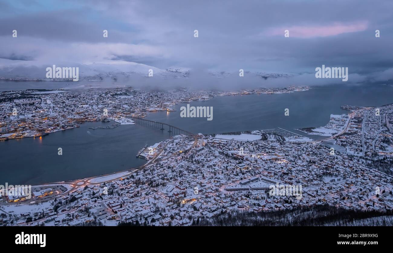 Aerial view to the city of Tromso in winter from above, Northern Norway ...