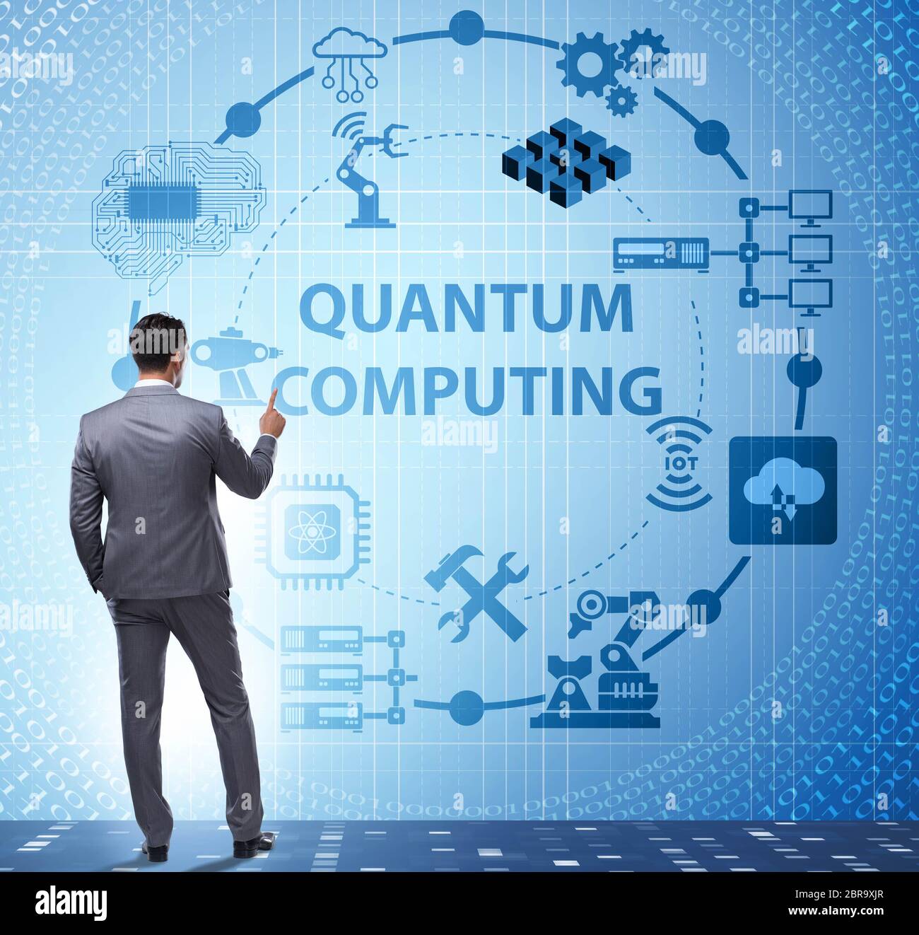 The businessman pressing virtual button in quantum computing concept ...