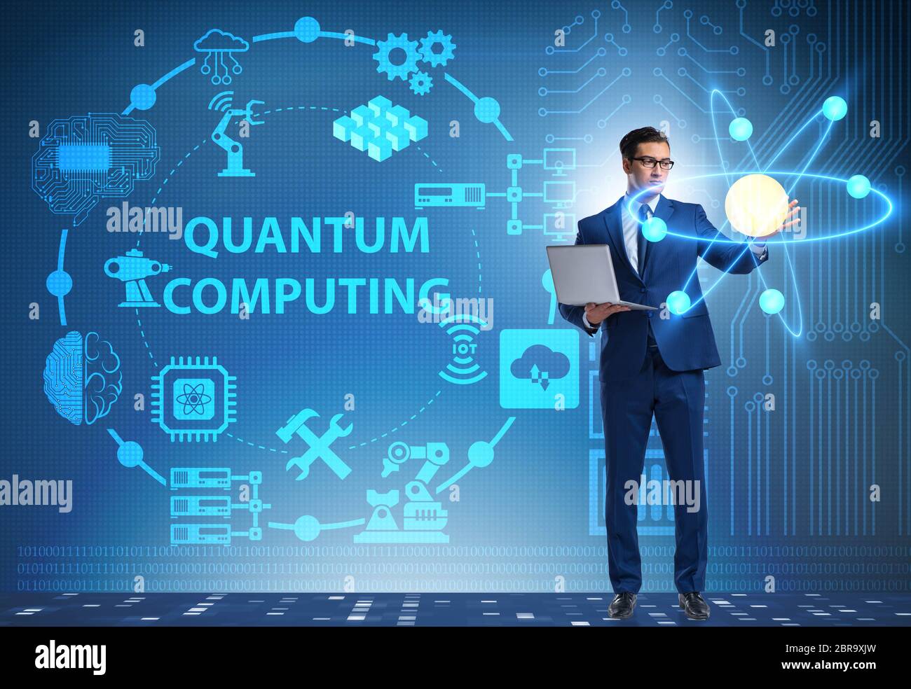 The businessman pressing virtual button in quantum computing concept ...