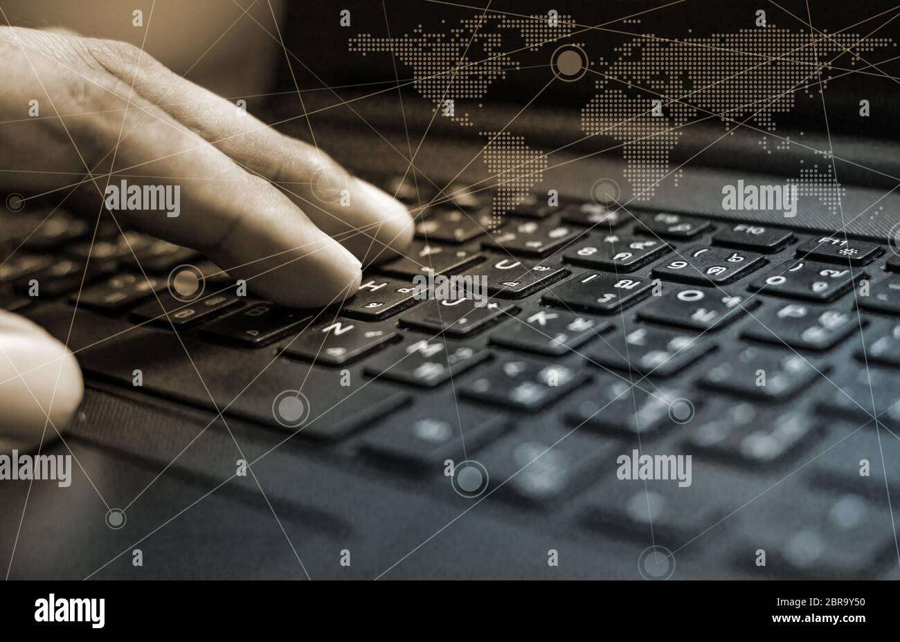 Networking and connecting concept, Hand human with keyboard on notebook ...