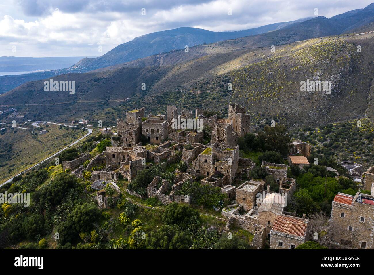 Greece Vatheia village. Mani Peninsula. Laconia Peloponnese aerial view ...